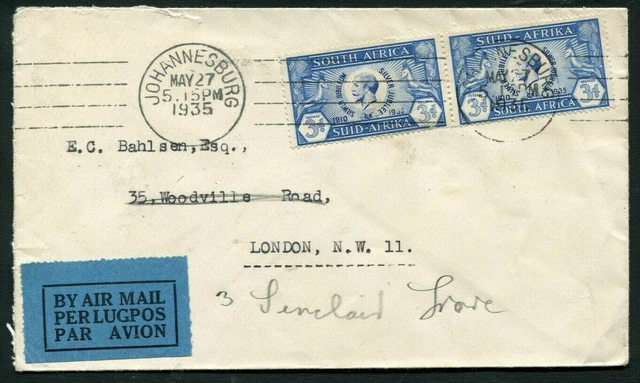 1935 SILVER JUBILEE South Africa 3d horozontal pair on a commercial ...