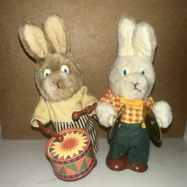 2 VINTAGE WIND-UP Drumming & Symbols Plush Bunny Rabbit Children's Toys ...