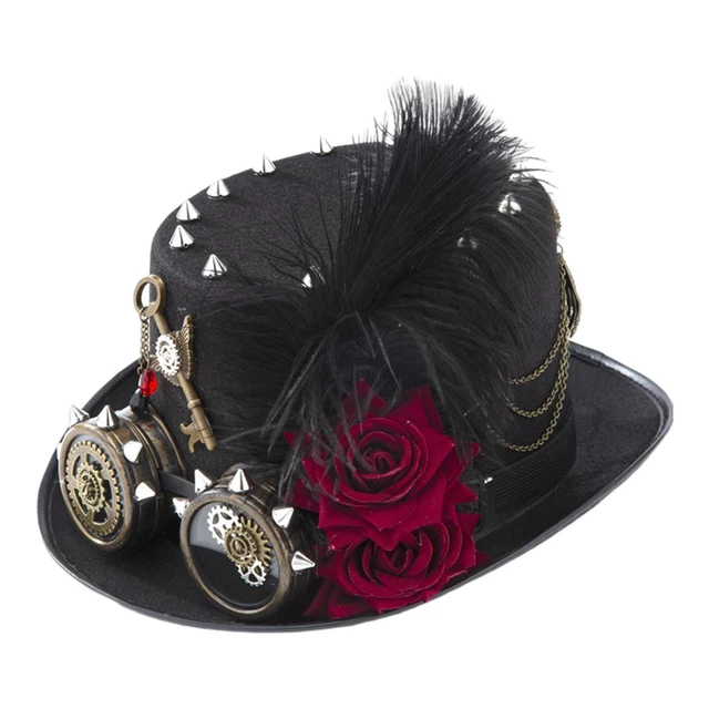 MEN WOMEN STEAMPUNK Top Hat with Chain Costume Accessories with Goggles ...