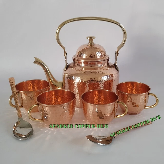 PURE COPPER TEA Pot Kettle With 4 Serving Tea Cups 2 Spoon Handicraft ...