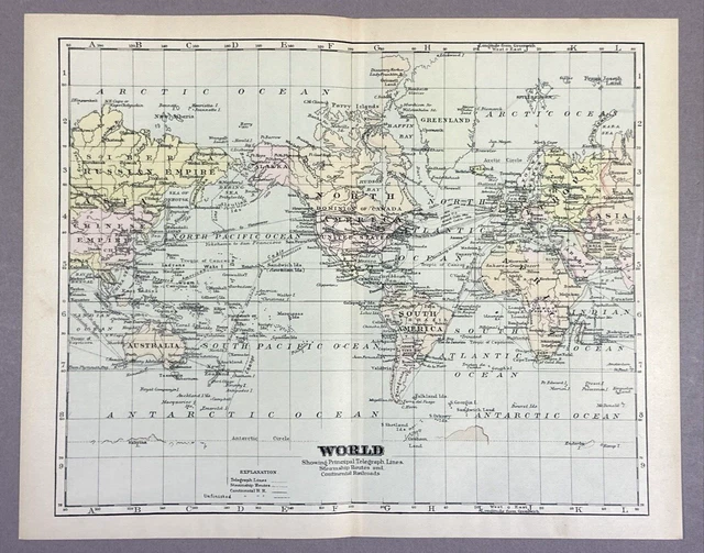 ANTIQUE ILLUSTRATION MAP The World in 1901 Countries Telegraph ...