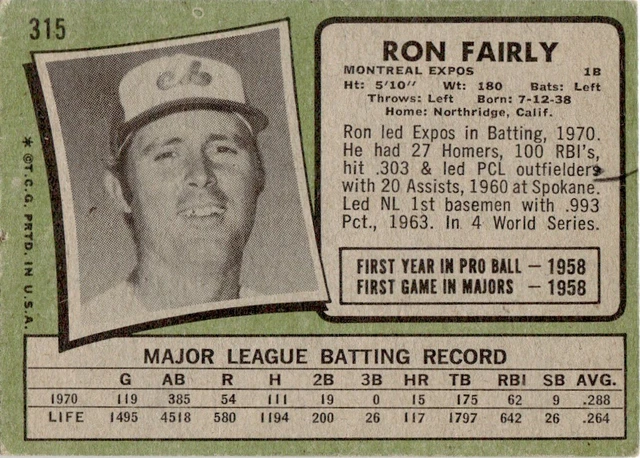 1971 TOPPS BASEBALL Ron Fairly Montréal Expos #315 VG-EX EUR 1,12 ...