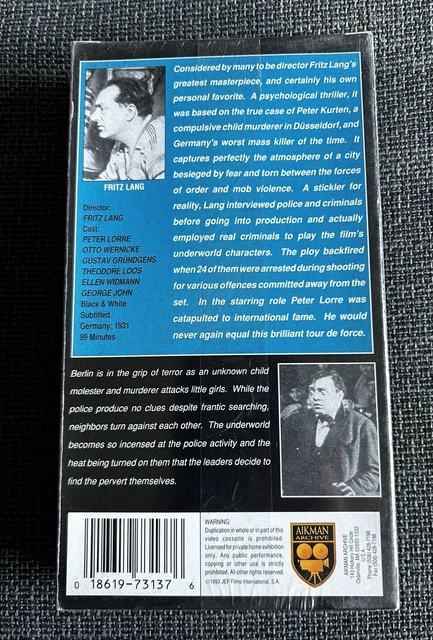 NEW SEALED - Fritz Lang's "M" (VHS, 1997) 1931 B&W Peter Lorre Aikman Archive $14.99 - PicClick CA