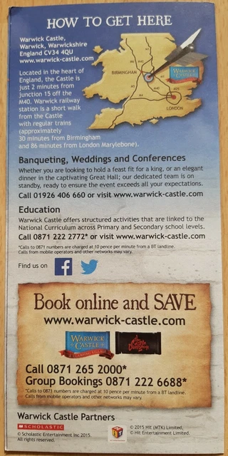 WARWICK CASTLE 2015 Leaflet, Merlin Entertainments, NEW Time Tower £1. ...