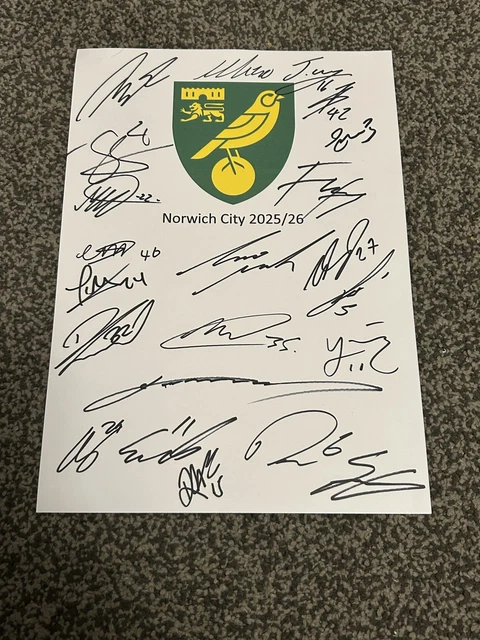 NORWICH CITY FOOTBALL Club 2025/26 Signed Sheet on A4 card Sargent ...
