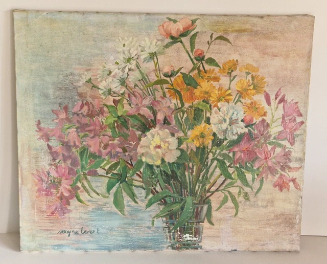 HUILE SUR TOILE nature morte bouquet de fleurs signé tableau ancien peinture #2 EUR 75,00 ...