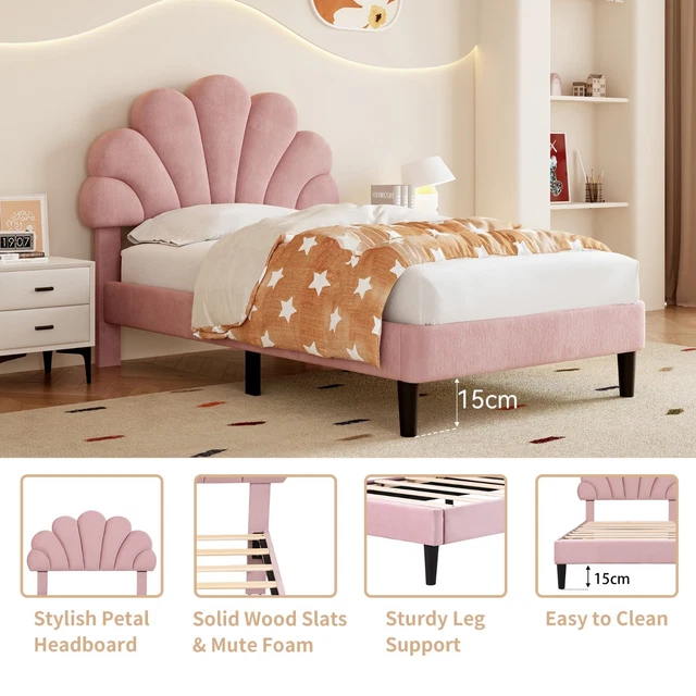 MERAX GIRLS BED Frame with Adjustable Chic Petal Headboard, Beige/Pink ...