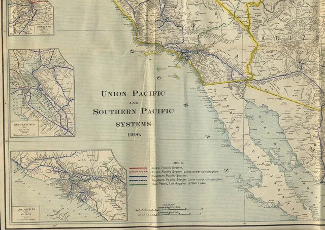 UNION PACIFIC & Southern Pacific Railroad Route Map in color 1906 £120. ...