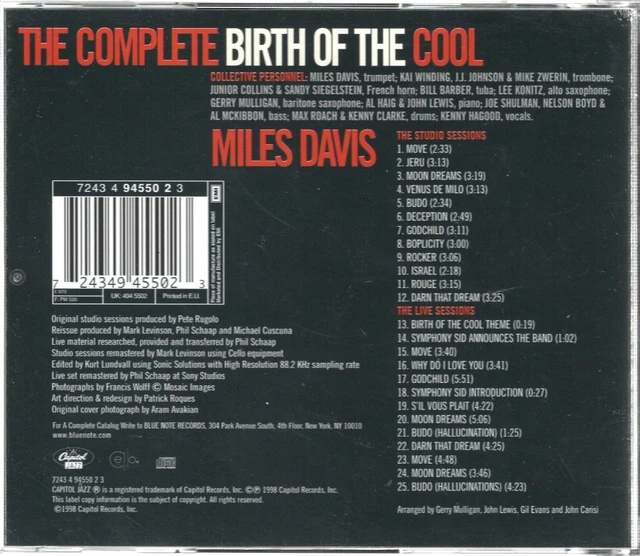 MILES DAVIS COMPLETE Birth of the Cool CD Europe Capitol 1998 645502 ...