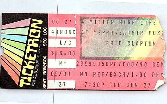 ERIC CLAPTON KONZERT Ticket Stumpf Juni 27 1985 Columbia Maryland EUR ...