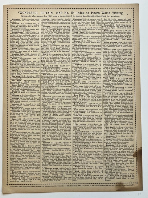 1950S WONDERFUL BRITAIN map, Places to visit, Fort William, 26x20cm ...