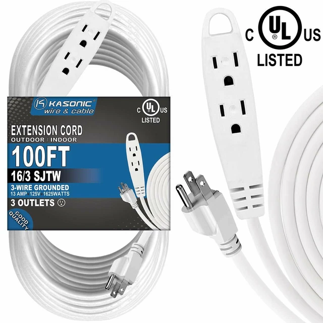 100-FEET 3 OUTLET Extension Cord UL Listed 16/3 SJTW 3-Wire Grounded ...