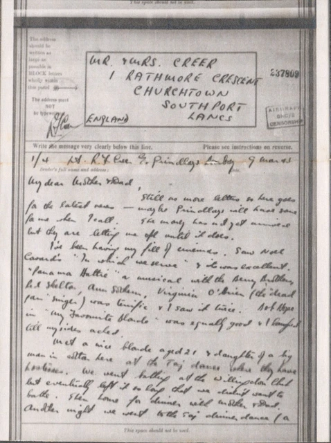 WW2 AIRGRAPH Quetta India -Southport Capt 10th Lancs Fusiliers March ...