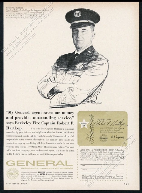 1960 BERKELEY CA Fire Department Captain Hartkop pic General Ins vtg ...