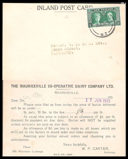 NEW ZEALAND 1935 Co-Operative Dairy Inland Post Card (F) 17 Jun 1935 ...