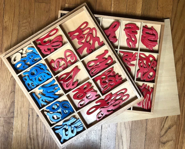 MONTESSORI CURSIVE MOVEABLE Alphabet Large Red & Blue Wooden Letters ...