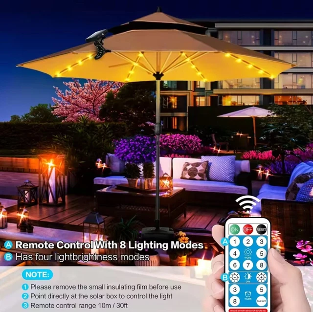 SOLAR POWERED PATIO Led Umbrella String Lights Weatherproof Outdoor ...