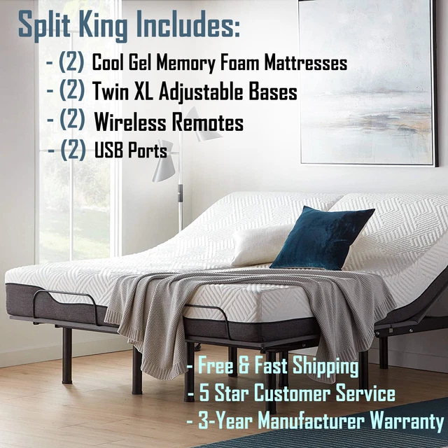 SMART SPLIT KING Adjustable Bed Base with Wireless Remote and 14" Power ...