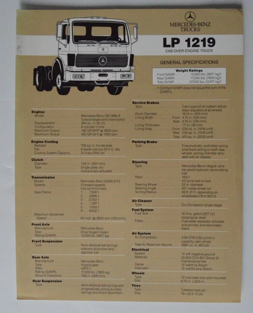 1986 MERCEDES LP1219 Cab over Engine Truck dealer sheet brochure ...