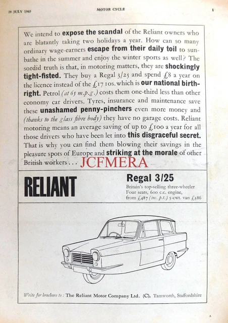 RELIANT 'REGAL 3/25' Original 1965 Three-Wheeler Advert #3 : 669/63 £2. ...