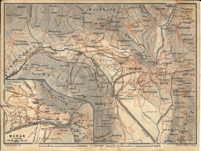 CARTA GEOGRAFICA ANTICA MERANO MERAN Pianta della città 1913 Old ...