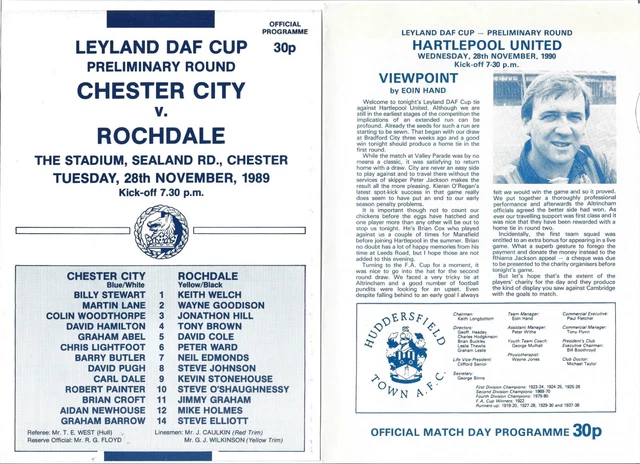 2 X LEYLAND Daf Cup 4-pagers CHESTER v ROCHDALE 89, HUDDERSFIELD v ...