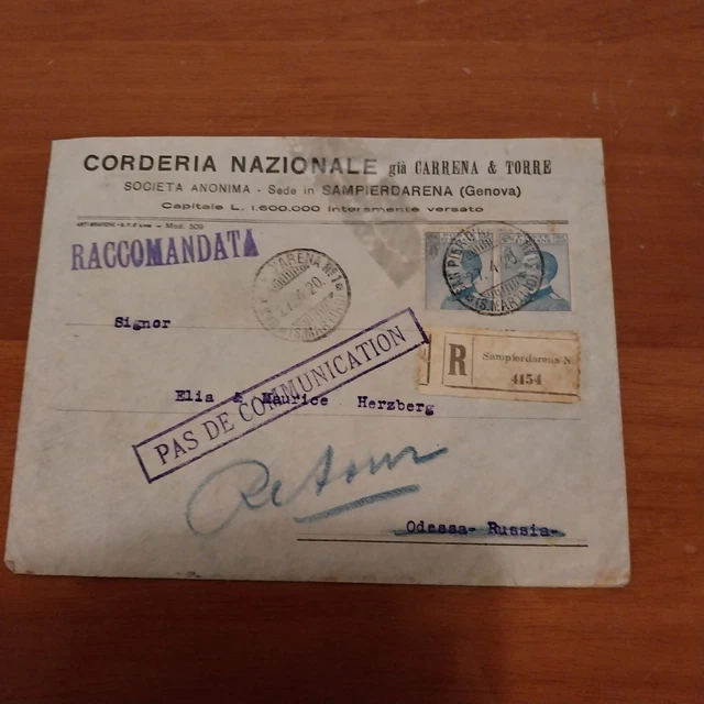 STORIA POSTALE REGNO-BUSTA Raccomandata Per La Russia 27/4/1920 Rara ...