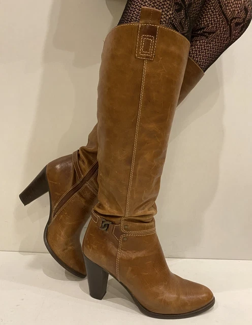 VINTAGE RIVER ISLAND Y2K Tan Brown Distressed Leather Knee High Boots ...