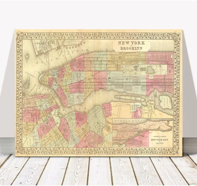 VINTAGE MITCHELL STREET Map of NEW YORK CITY1882 Poster CANVAS PRINT ...