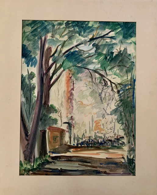 ANCIEN TABLEAU AQUARELLE paysage fauvisme allée arbres perspectives à attribuer EUR 60,00 ...