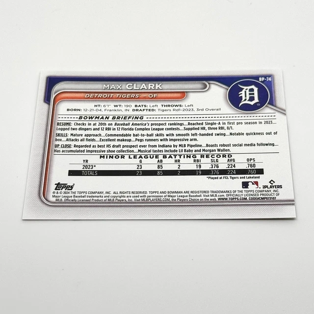 CARTA PROSPECT 2024 Bowman Max Clark #BP-74 - Detroit Tigers NUOVA DI ...