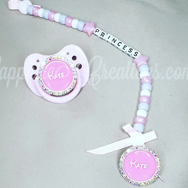 PERSONALISED NAME - Dummy & Dummy Clip - Pink/Light Grey/White £8.74 ...