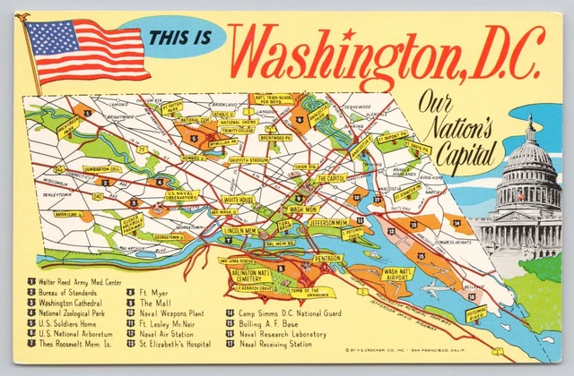 WASHINGTON DC AREA Map, Landmarks Attractions & Highways, Vintage ...