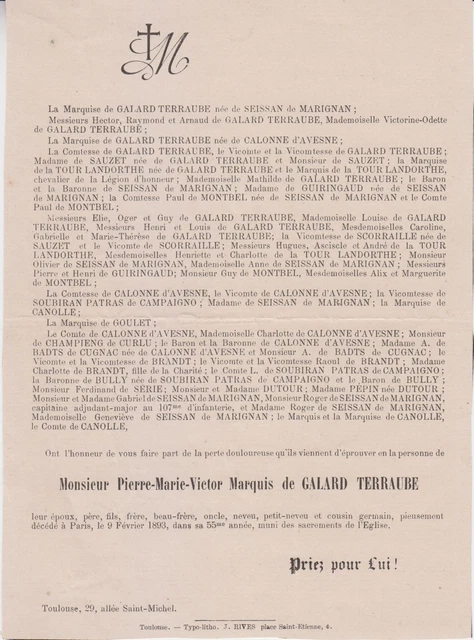 *1893 FAIRE-PART DÉCÈS Pierre-Marie-Victor Marquis de GALARD TERRAUBE EUR 23,00 - PicClick FR
