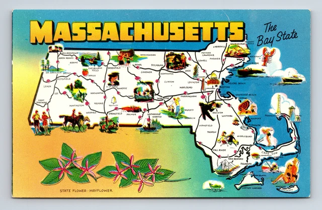 PICTORIAL TOURIST MAP from the Bay State of Massachusetts MA Postcard £ ...