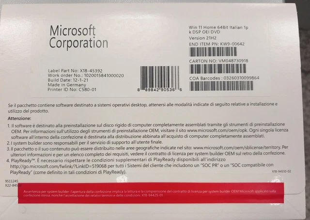 SOFTWARE MICROSOFT WINDOWS 11 Home 1 PACK 64Bit ITALIANO OEM DVD BOX ...