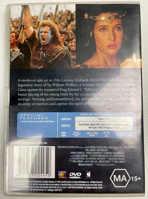 BRAVEHEART MEL GIBSON Sophie Marceau Patrick McGoohan DVD R4 MA15+ PAL ...