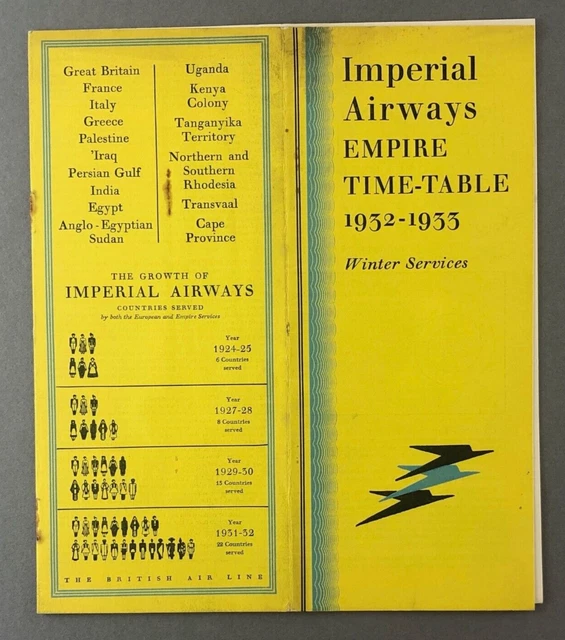 IMPERIAL AIRWAYS WINTER 1932-33 Empire Airline Timetable Route Map $378 ...