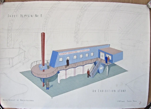 VINTAGE ORIGINAL ARCHITECTURAL design drawing, exhibition stand 76cm x ...