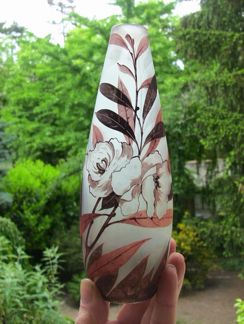 JOLI VASE PIRIFORME verre émaillé d'une branche fleurie signé Peynaud Bordeaux EUR 79,00 ...