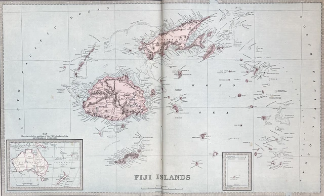 LARGE ANTIQUE MAP - Oceania - Map of Fiji Islands - Melanesia - Pacific ...
