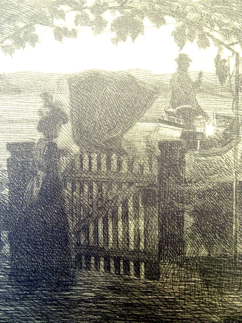 WALTER CONZ ABSCHIED einer Frau am Gartentor Kutsche später Abend ...