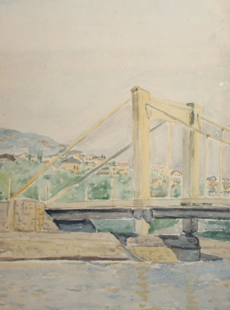 TABLEAU ANCIEN AQUARELLE paysage impressionniste pont fluvial signé EUR 71,81 - PicClick FR