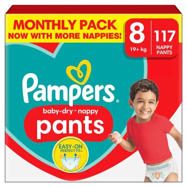 PAMPERS BABY DRY Size8 Diaper Pants 19+kg Stretchy Large Monthly Pack ...