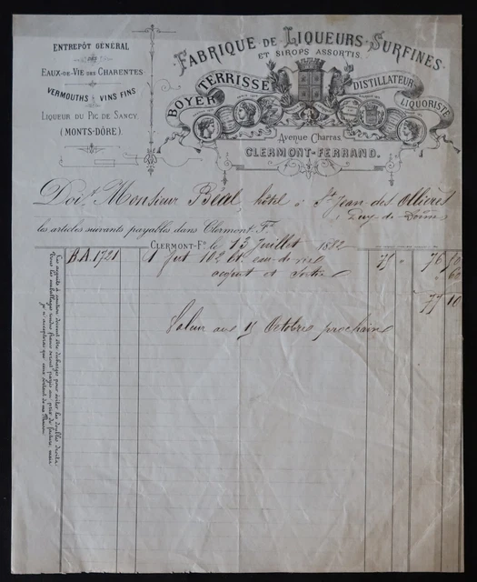 FACTURE CLERMONT-FERRAND 1882 Liqueur distillateur BOYER TERRISSE ...
