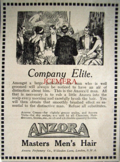 'ANZORA' MEN'S HAIR Cream Barbers Advert #2 : Small Antique 1919 Print ...