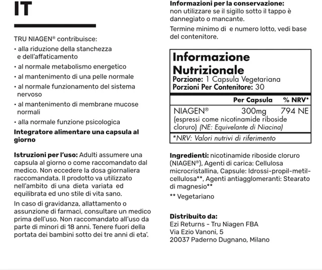 INTEGRATORE DI NICOTINAMIDE Riboside NAD, Formula Brevettata NR, per ...