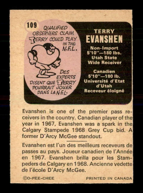 1971 O-PEE-CHEE CFL #109 Terry Evanshen EXMT X2823102 EUR 6,00 ...
