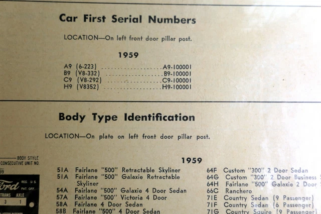 FORD GRILLE IDENTIFICATION 1959 Chart Sheet Body type Identification ...