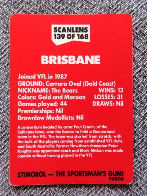 1989 SCANLENS VFL Card: BRISBANE BEARS Logo Card #139 EUR 2,86 ...